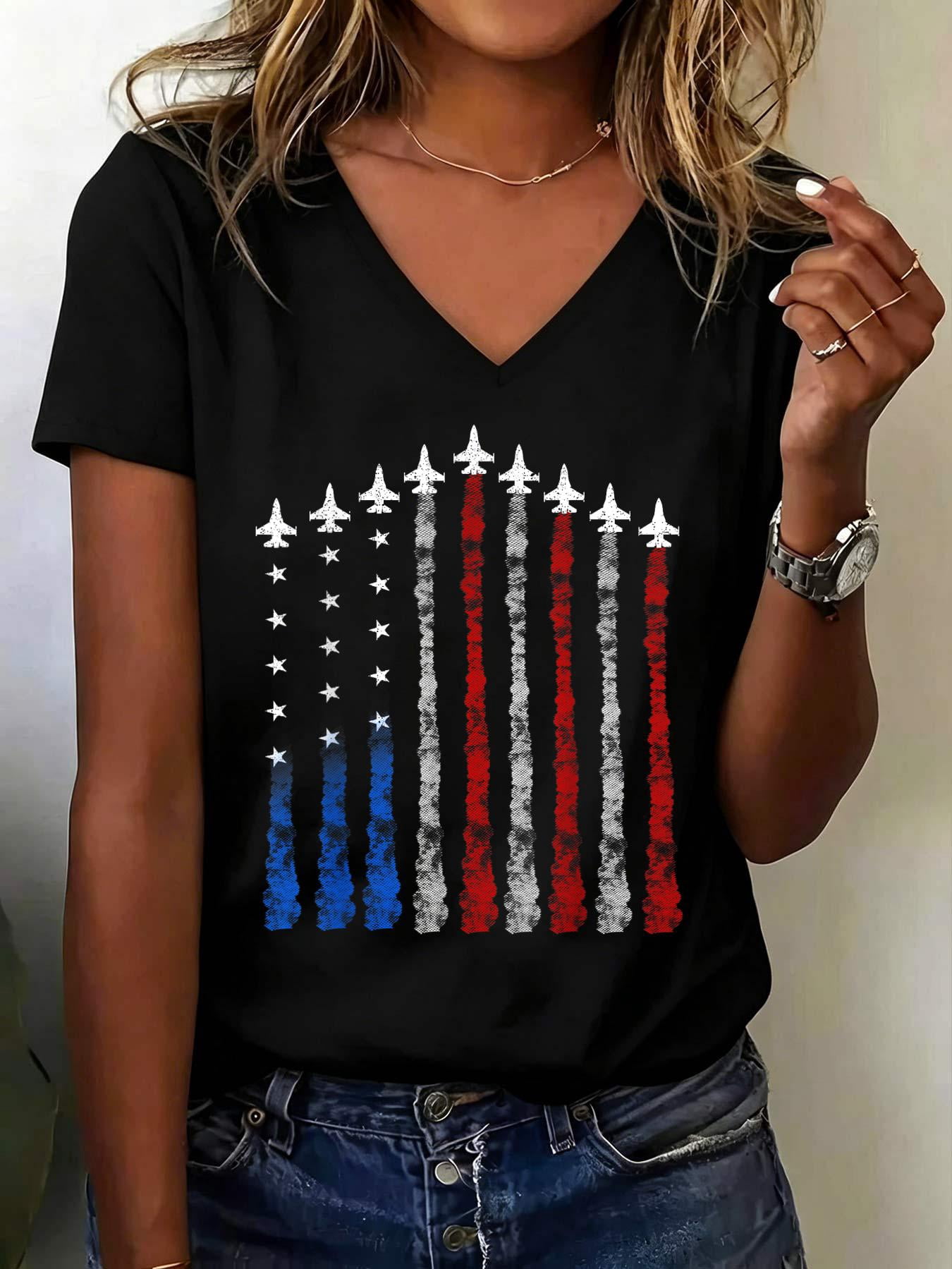 4th Of July Fighter Jet Airplane Red White Blue USA Flag V Neck T-Shirt ...
