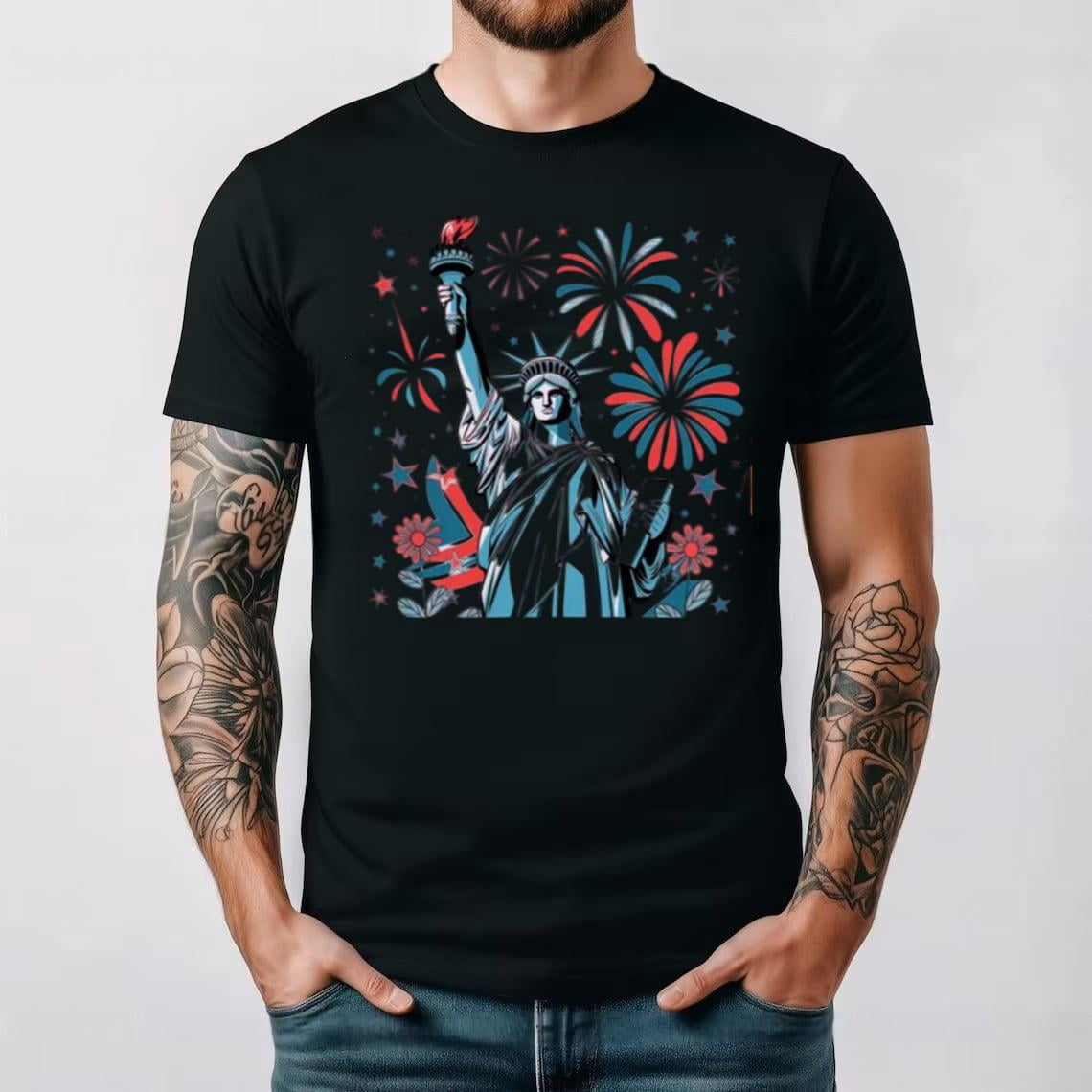 4th Of July Flower Statue Of Liberty Ice Cream Graphic T-Shirt Summer ...