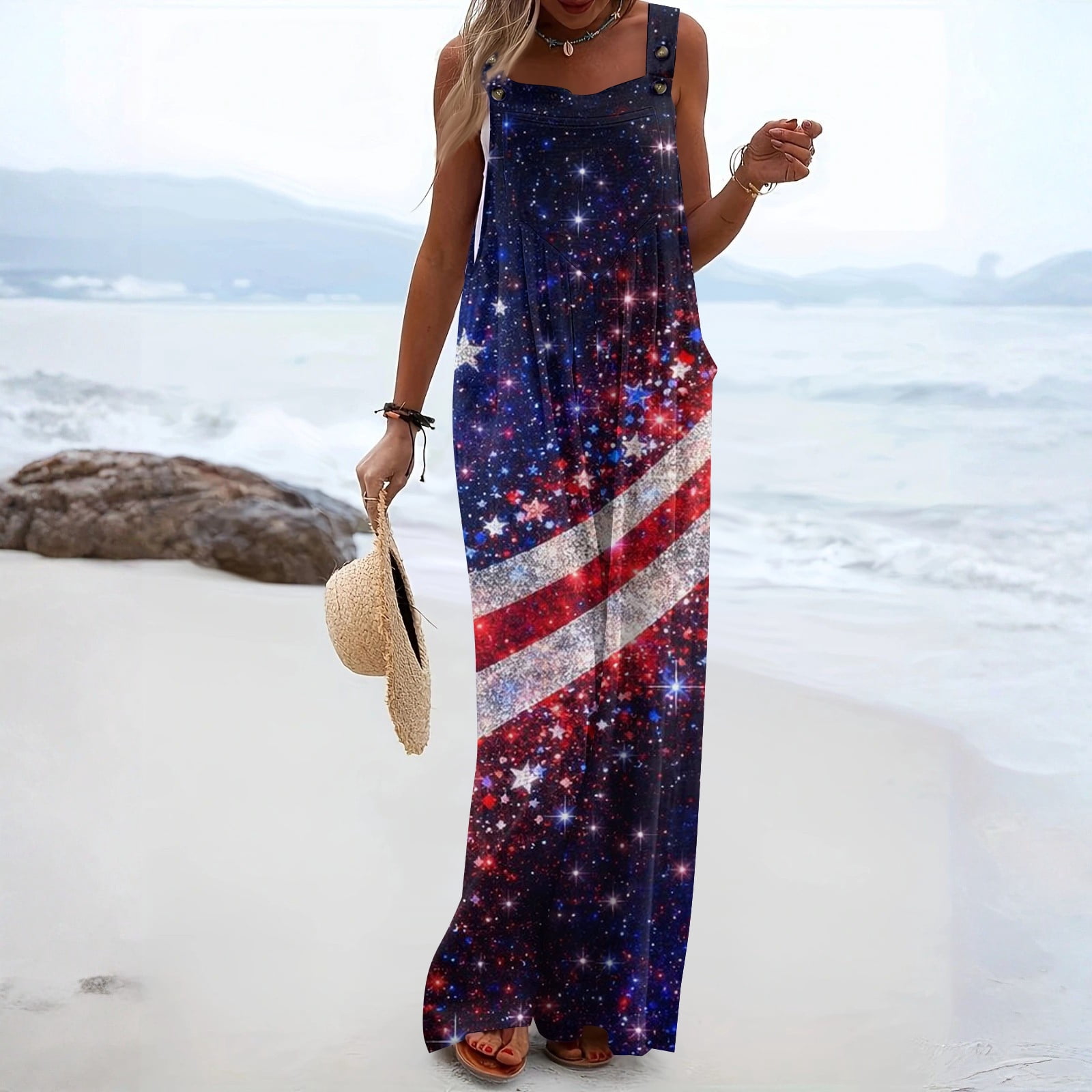 4th Of July Outfits for Women Boho Rompers Sleeveless Wide Leg Summer ...