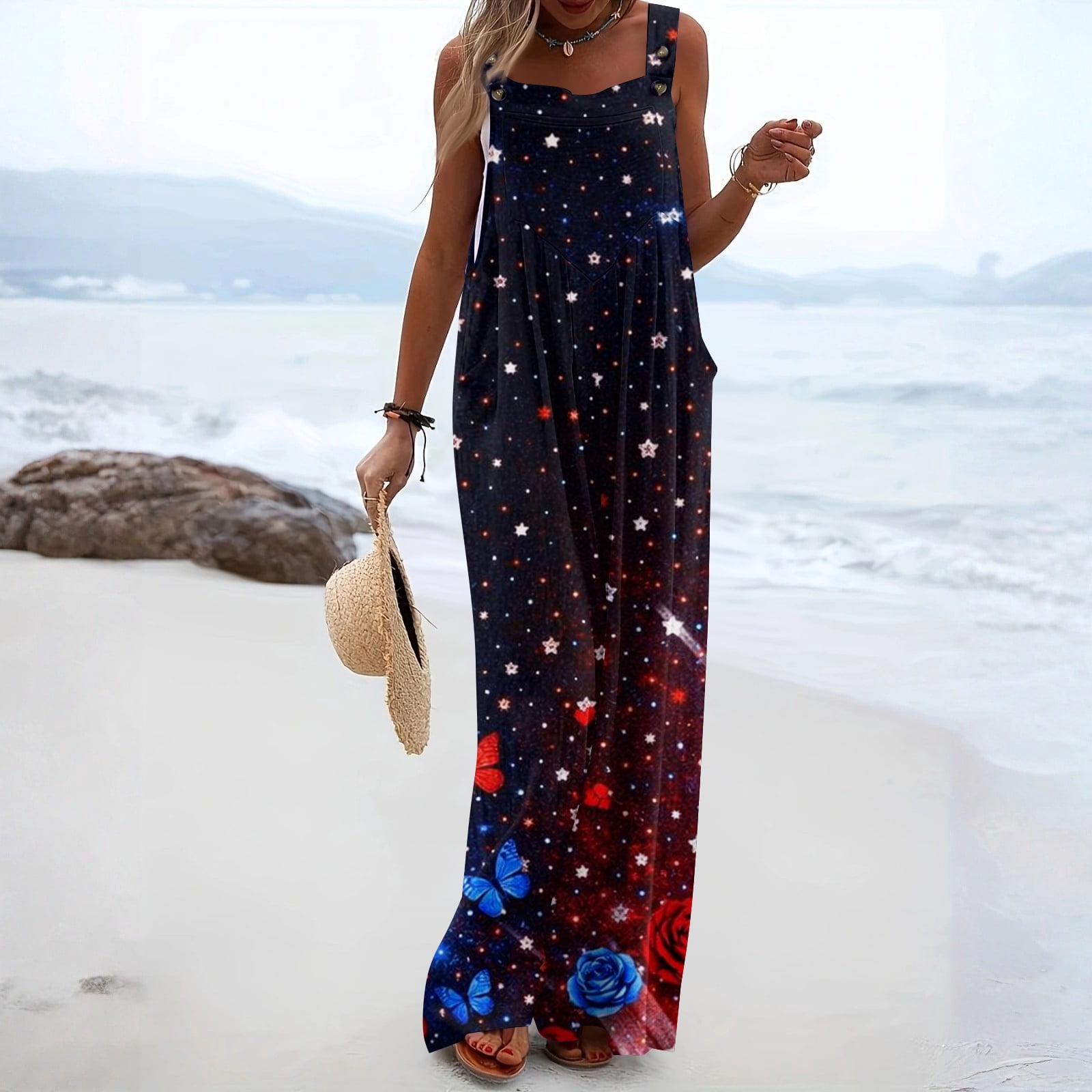 4th Of July Outfits for Women Boho Rompers Sleeveless Wide Leg Summer ...