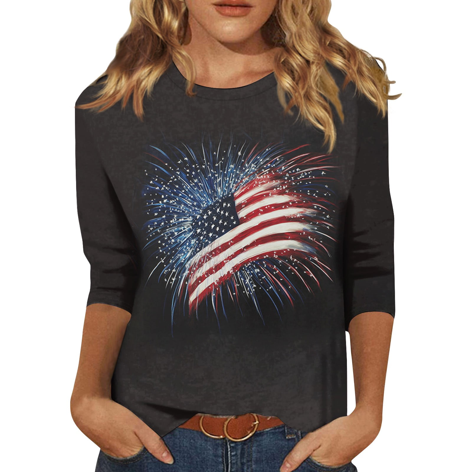 Usa Shirts for Women Stitching Printed 3/4 Sleeve Tees Stripe Crew Neck ...