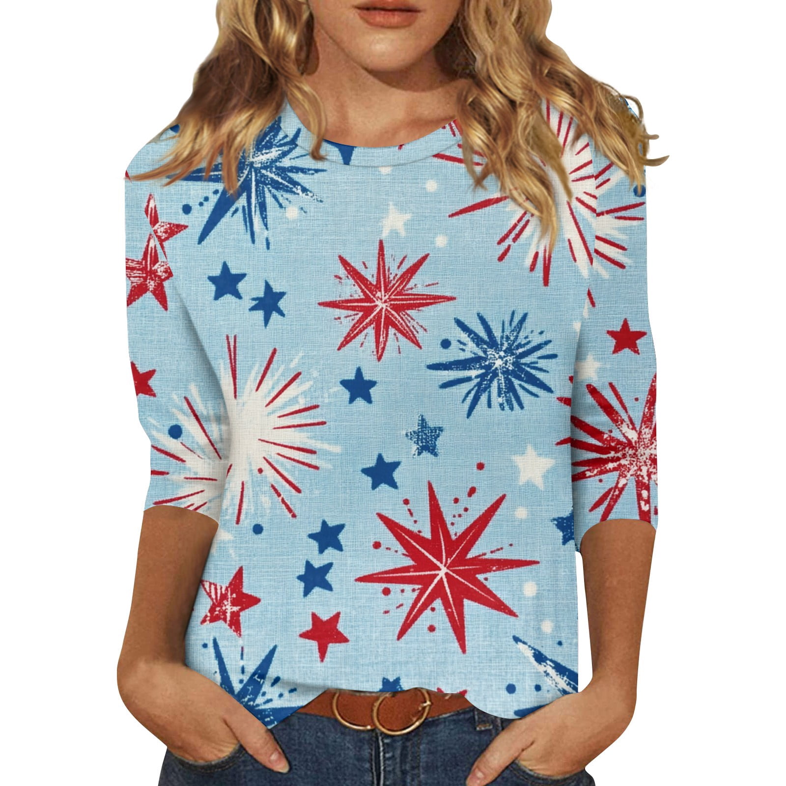 Fouth Of July Shirts for Women Floral Print 3/4 Sleeve Blouses Stripe ...