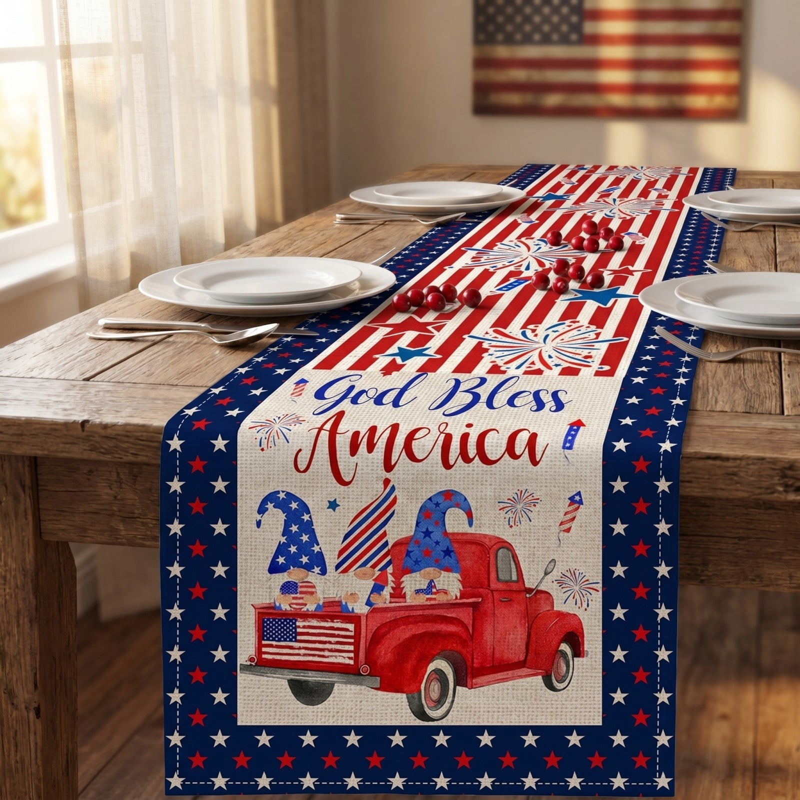 4th Of July Table Runner, Patriotic Independence Day Red White Blue ...