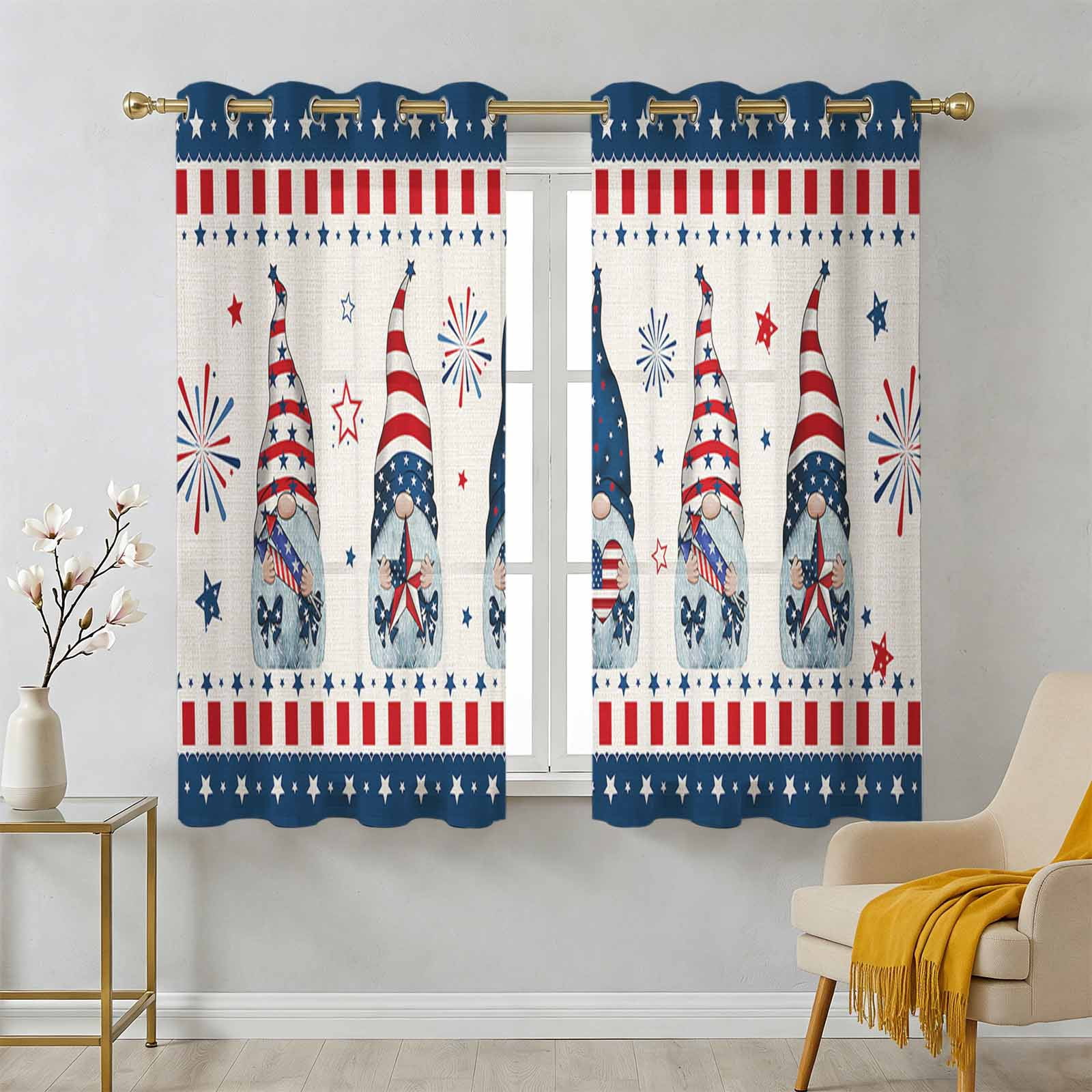 4th of Sheer Curtains 45 Inch Long 2 Panels, July Gnome Red and Blue ...
