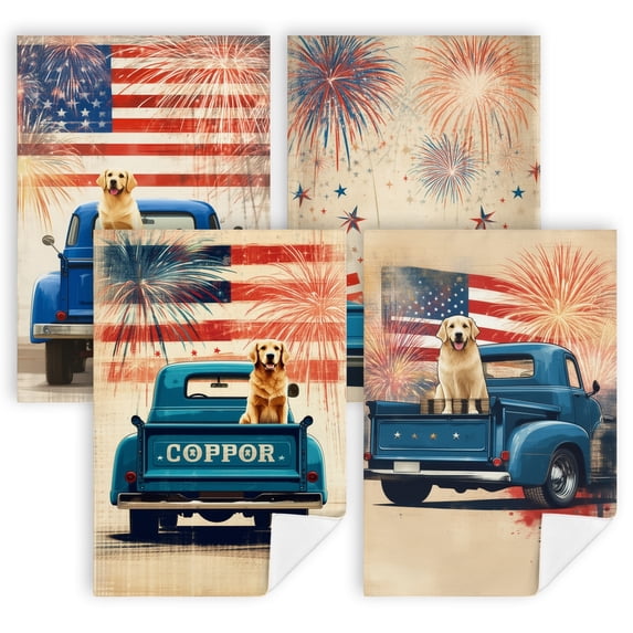 4th of july hand towels A dog sitting in the back of a blue truck with ...