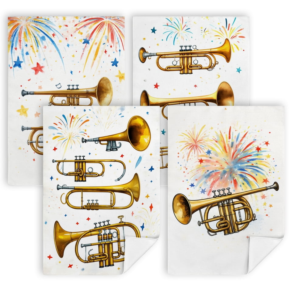 4th of july hand towels A painting of two trumpets with fireworks in ...