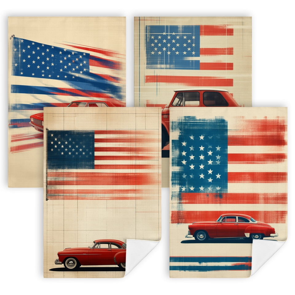 4th of july hand towels A red muscle car with an American flag in the ...