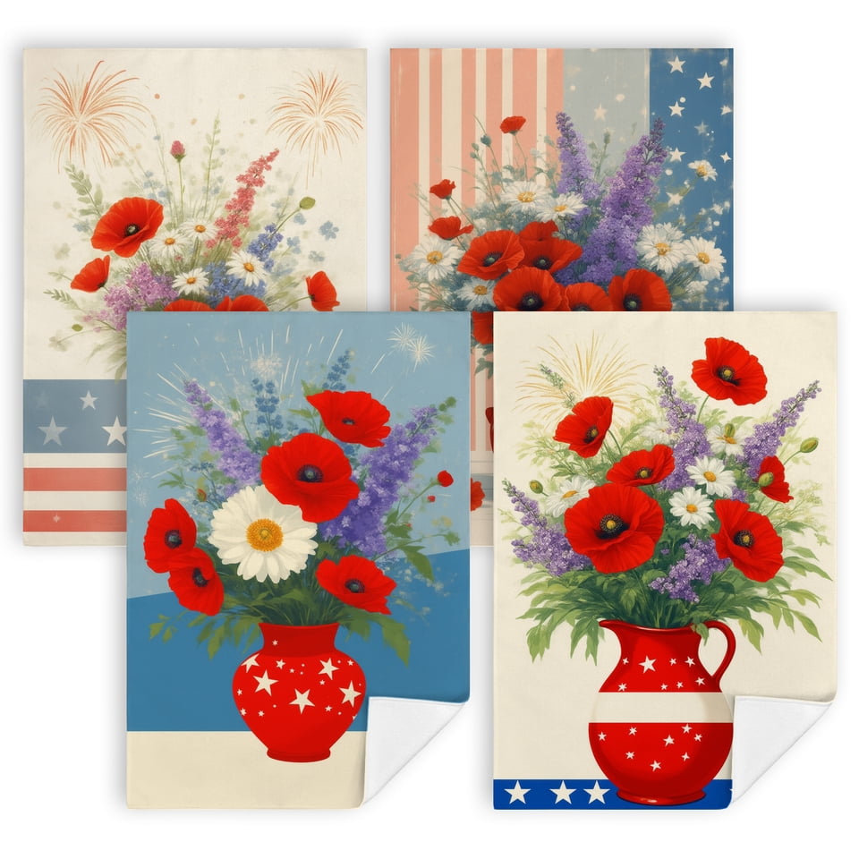 4th of july hand towels A red vase filled with red poppies and white ...