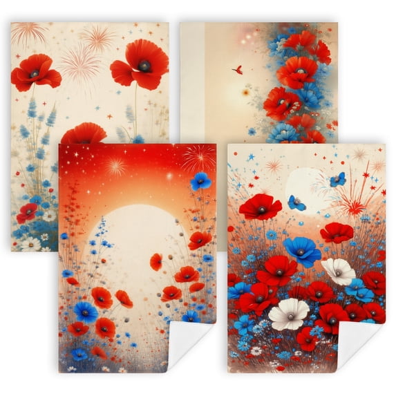 4th of july towels A painting of red poppies and blue flowers with ...
