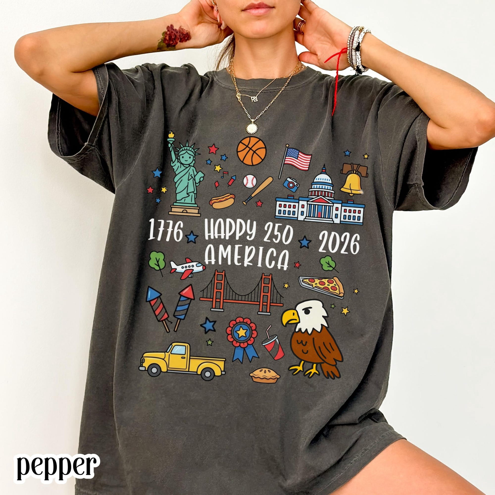 4th of July 250 America Shirt Doodle Patriotic USA Icons Tee 1776 2026 ...