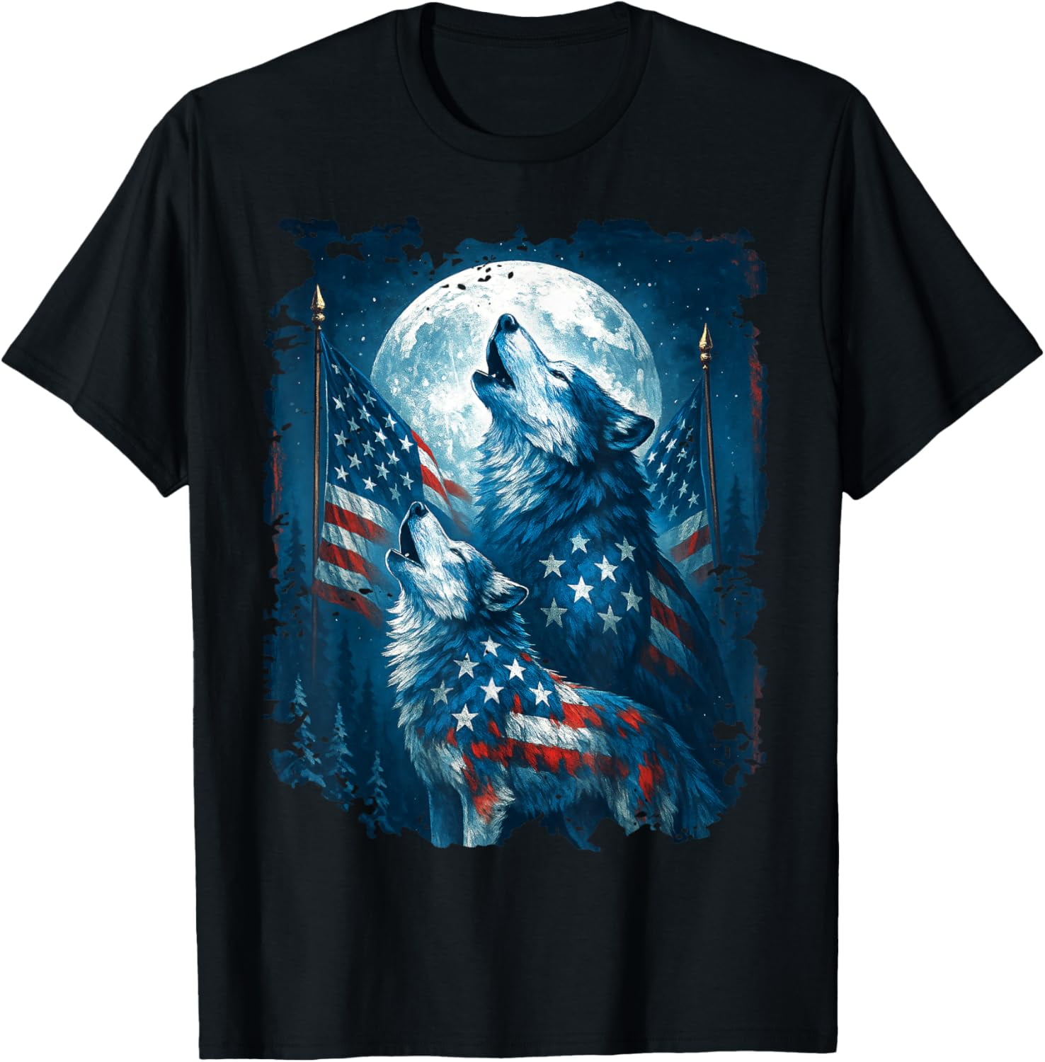 4th of July American Flag Wolf Howling Moon Wolves July 4th Mens T ...