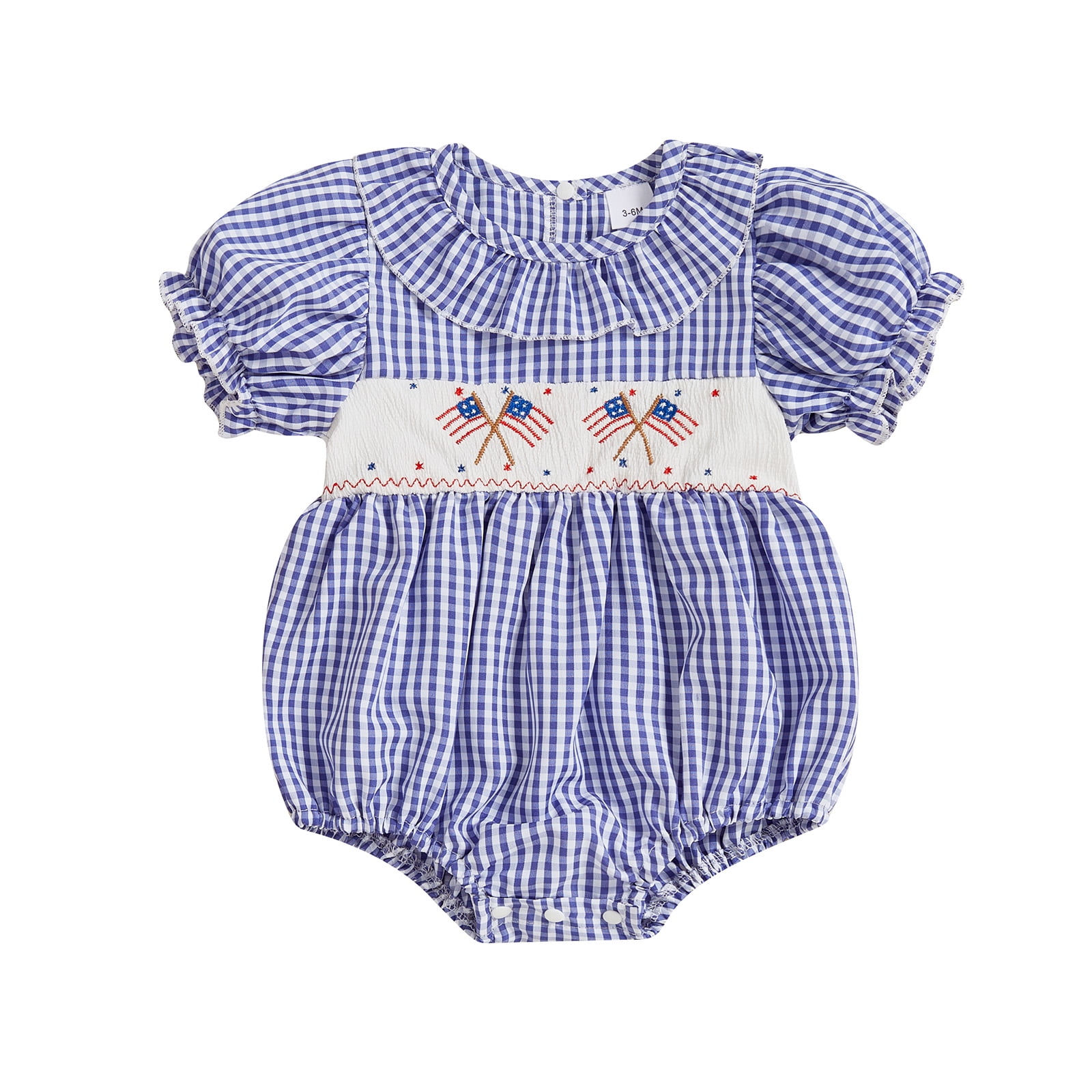 4th of July Baby Girl Outfit American Flag Embroidery Bubble Romper Puff Short Sleeve Smocked ...