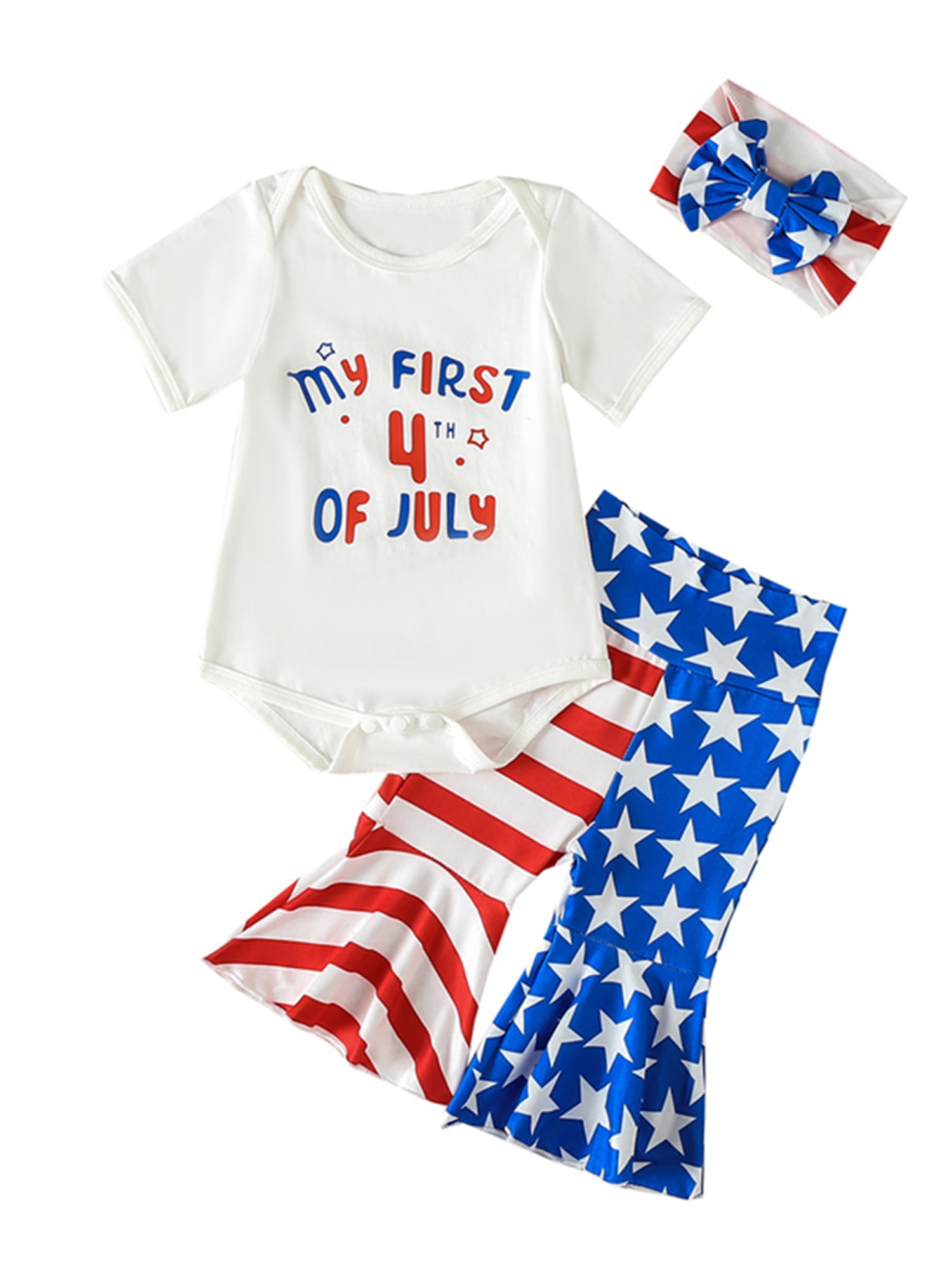 4th of July Baby Girl Outfit Color Block Romper +American Flag Bell ...