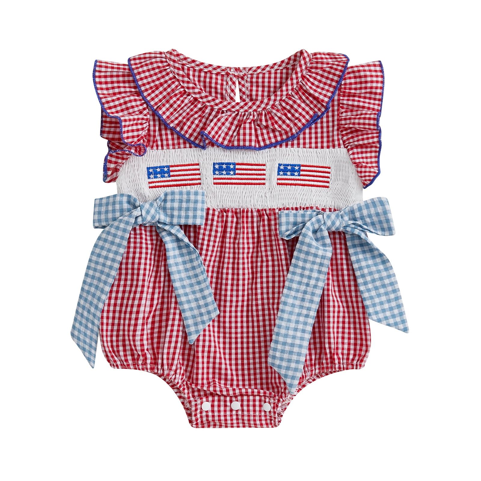 4th of July Baby Girl Outfits Newborn USA Flag Embroidery Smocked Plaid Bubble Romper Peter Pan ...