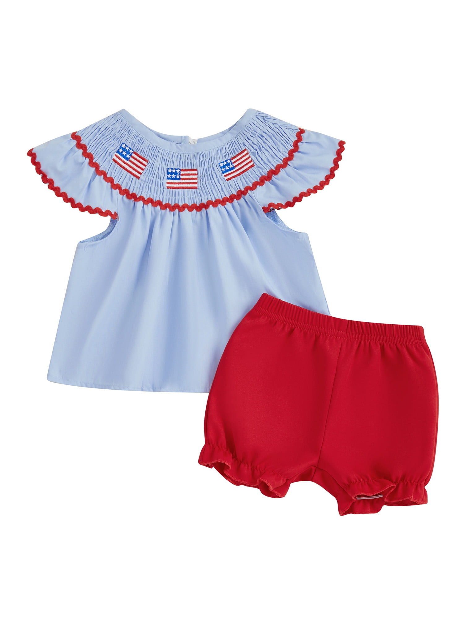 4th of July Baby Girl Outfits USA Flag Embroidery Fly Sleeve Smocked ...