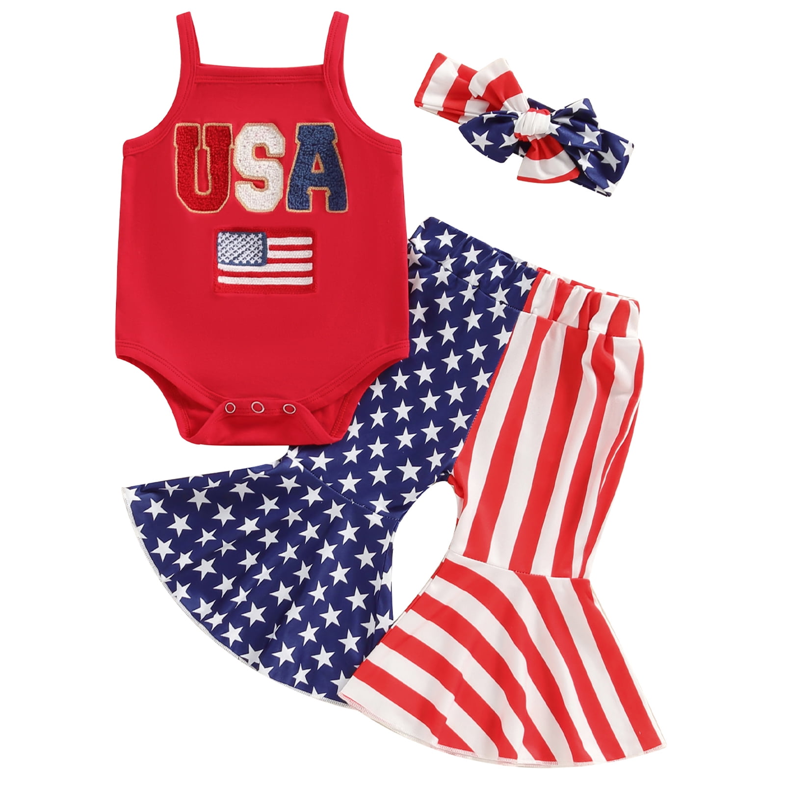 4th of July Baby Girls Outfits Set Fuzzy Flag Embroidery Romper Stripe ...