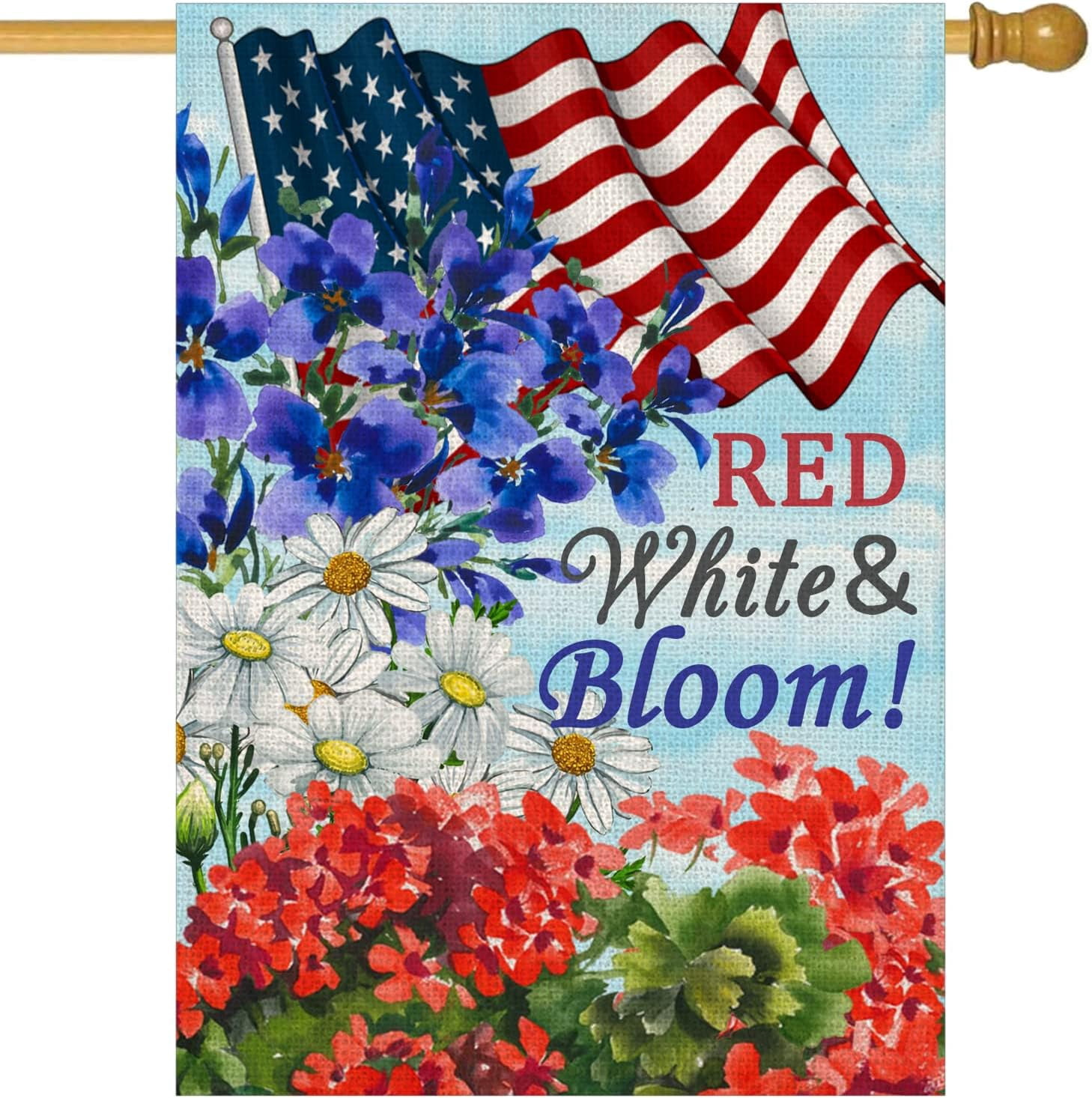 4th of July Blue Flower House Flag Stars and Stripes American Flags ...