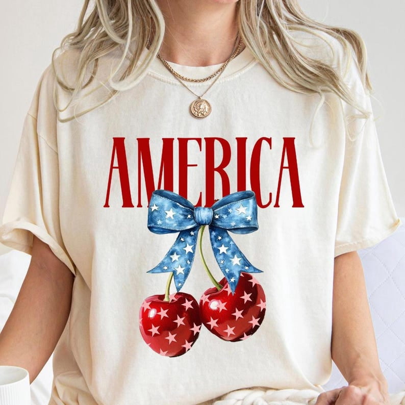 4th of July Bow Coquette Shirt, Cherry Shirt, American Flag Tee, USA ...