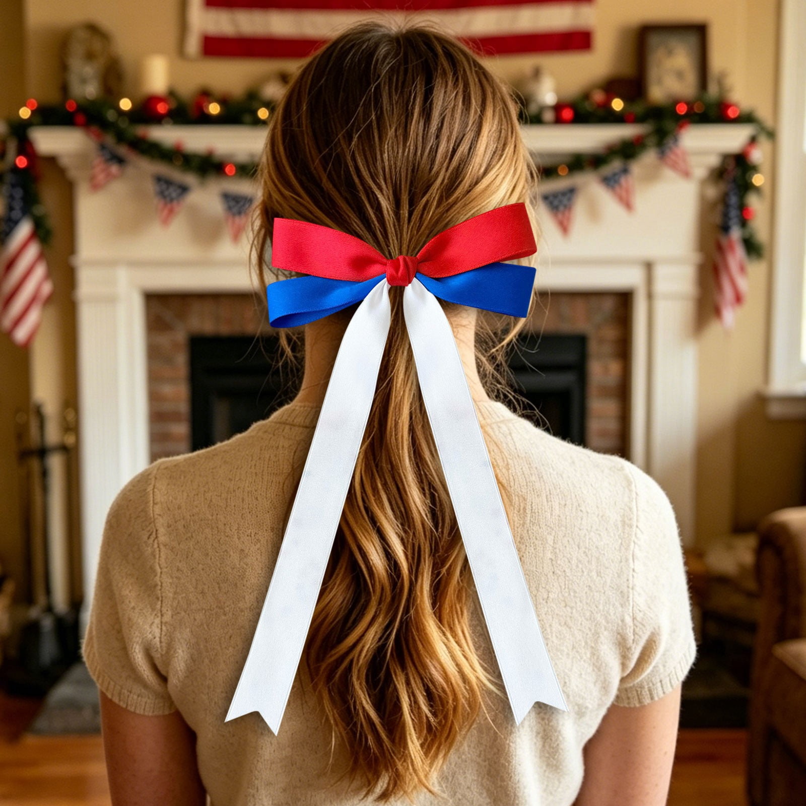 4th of July Bow Decor, Red White Blue Wired Ribbon Long Tail Bow ...