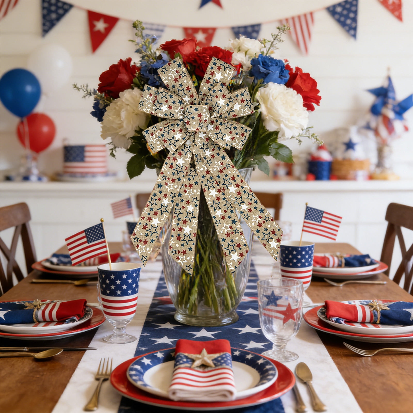 4th of July Bow Decorations, 53cm Wired Edge Patriotic Ribbon Bow for ...