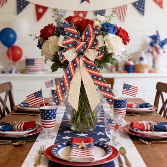 4th of July Bow Decorations, 53cm Wired Edge Patriotic Ribbon Bow for ...