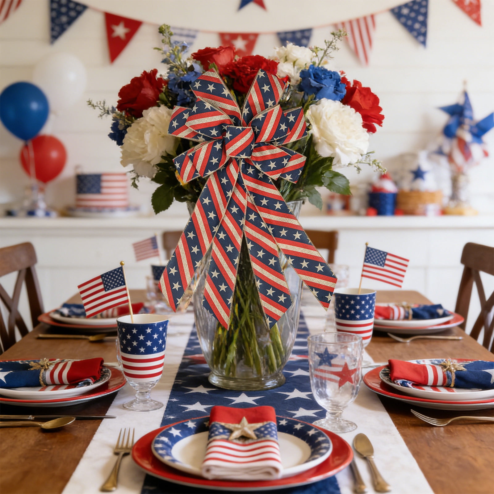4th of July Bow Decorations, 53cm Wired Edge Patriotic Ribbon Bow for ...