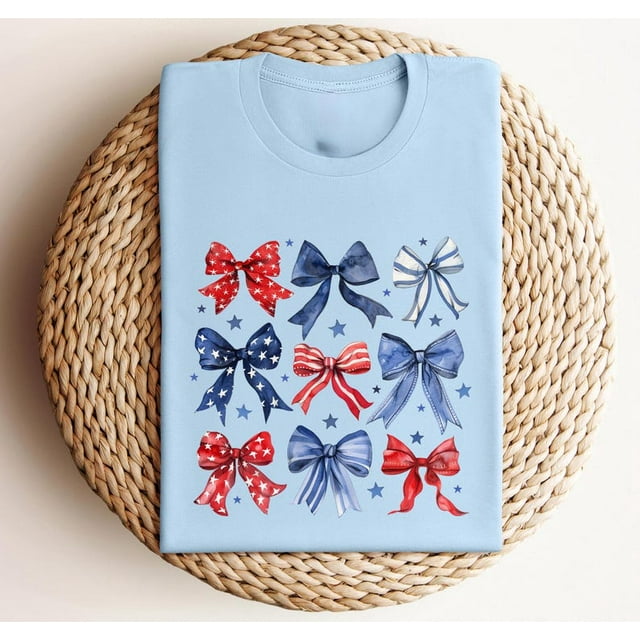 4th of July Bow T-Shirt, Patriotic Red White Blue Ribbon Tee, Coquette USA Shirt, Girly ...