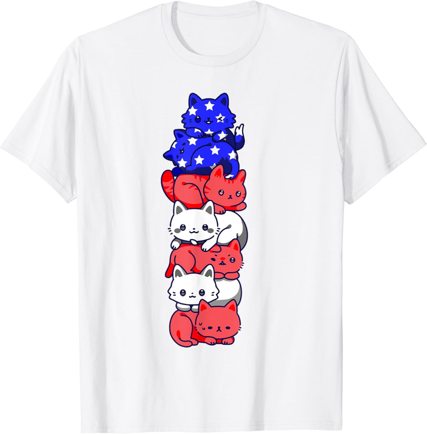 4th of July Cat Patriotic American Flag Cute Cats Pile Stack T-Shirt ...