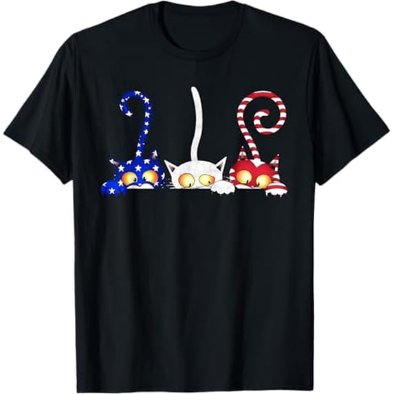 4th of July Cat Shirt American Flag Peeking Kitty Graphic Independence ...