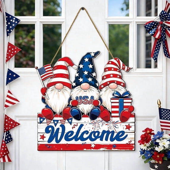 4th of July Decorations, Patriotic Wooden Hanging Sign Gnome Design ...