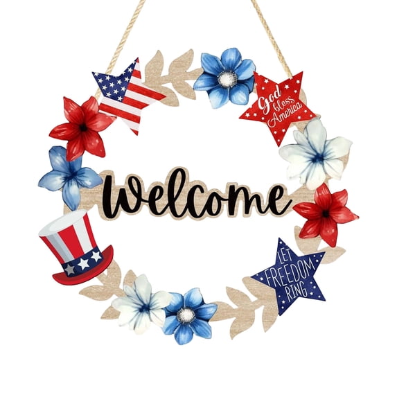4th of July Decorations Welcome Wreath for Front Door Wooden Red White ...
