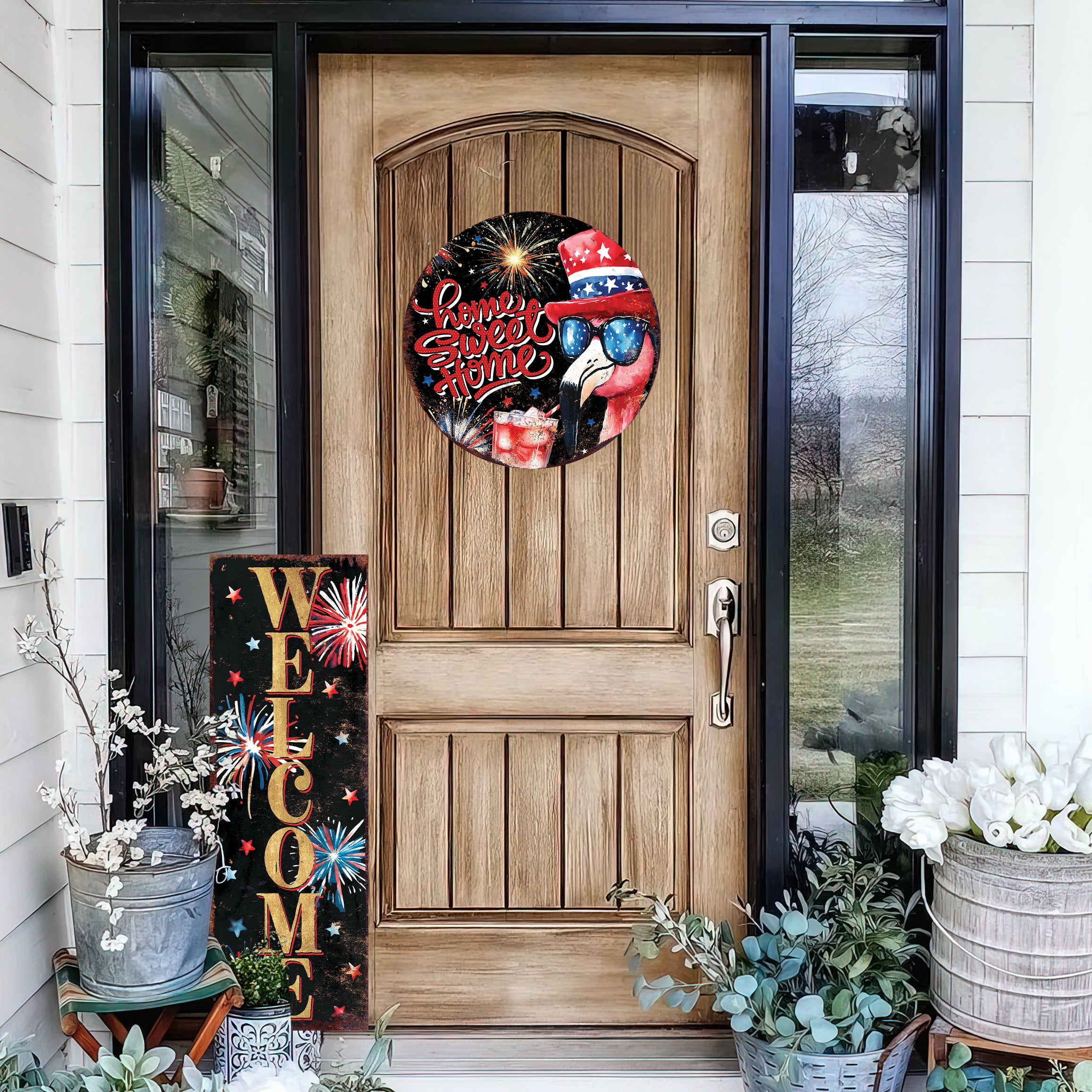 4th of July Flamingo & Fireworks Door Hanger | Multi Sizes | Patriotic ...