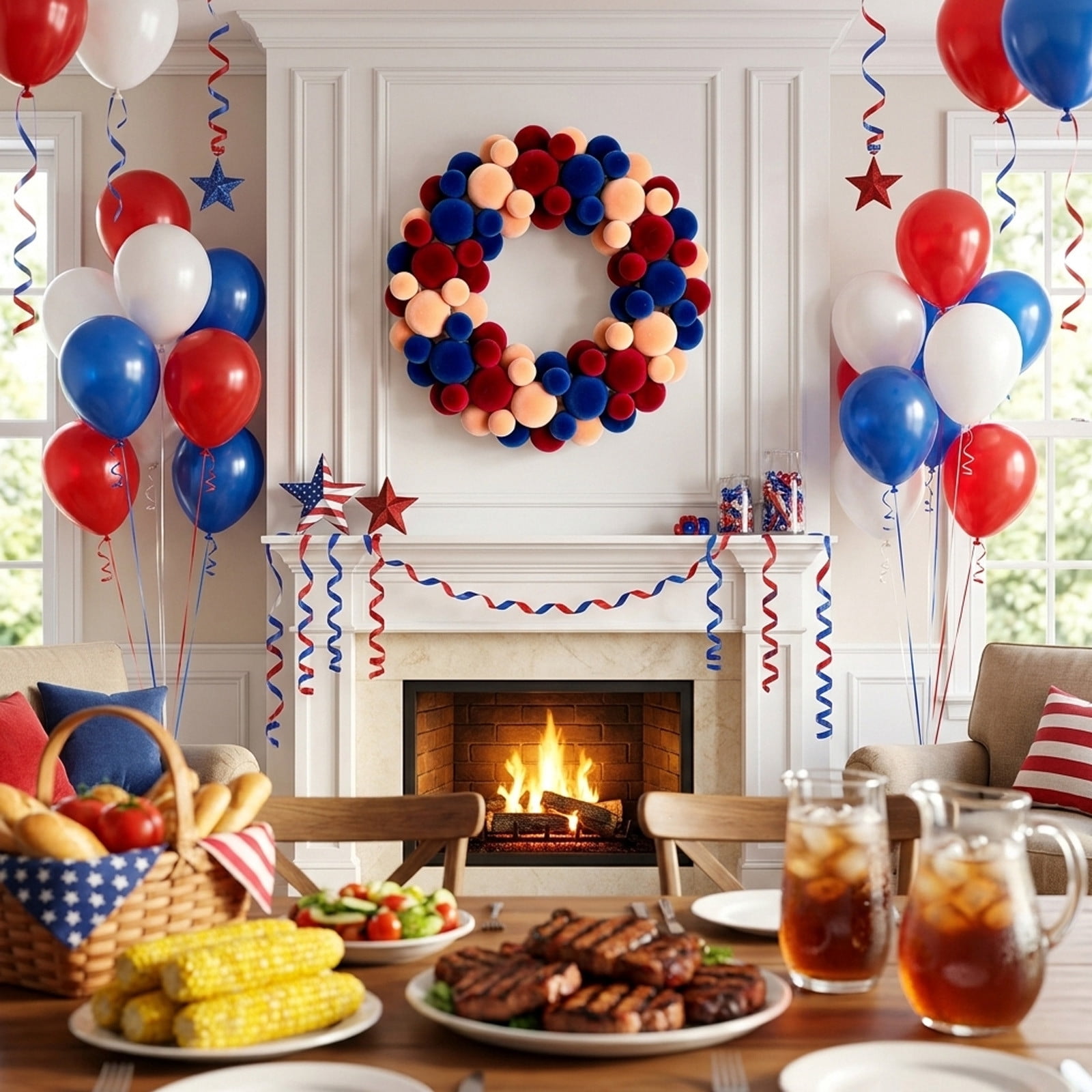 4th of July Flocked Ball Wreath - Red Blue Beige Pompom Wreath ...