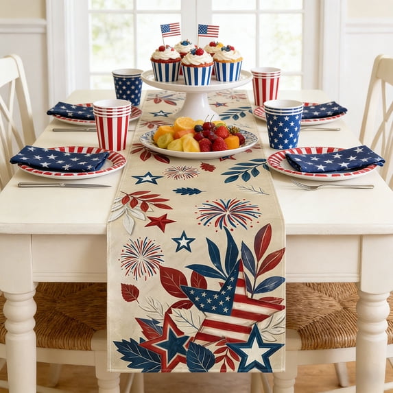 4th of July Floral Table Runner, Red White Blue Floral Table Cover for ...