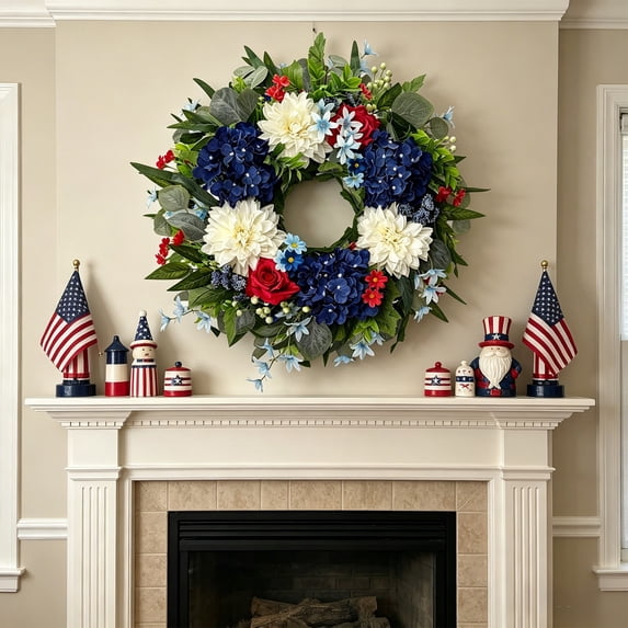 4th of July Flower Wreath for Front Door, Artificial Hydrangea and ...