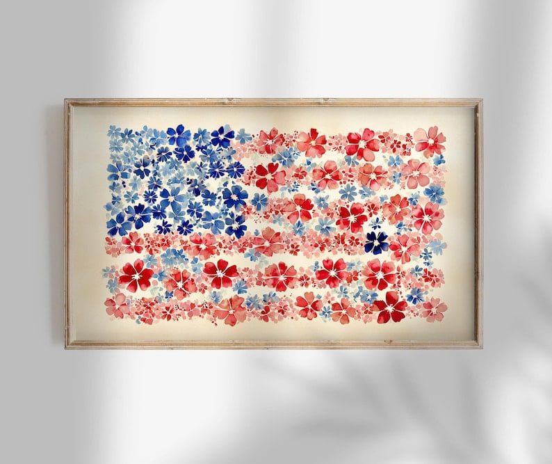 4th of July Frame Tv Summer Art | Floral American Flag Tv Unframed ...