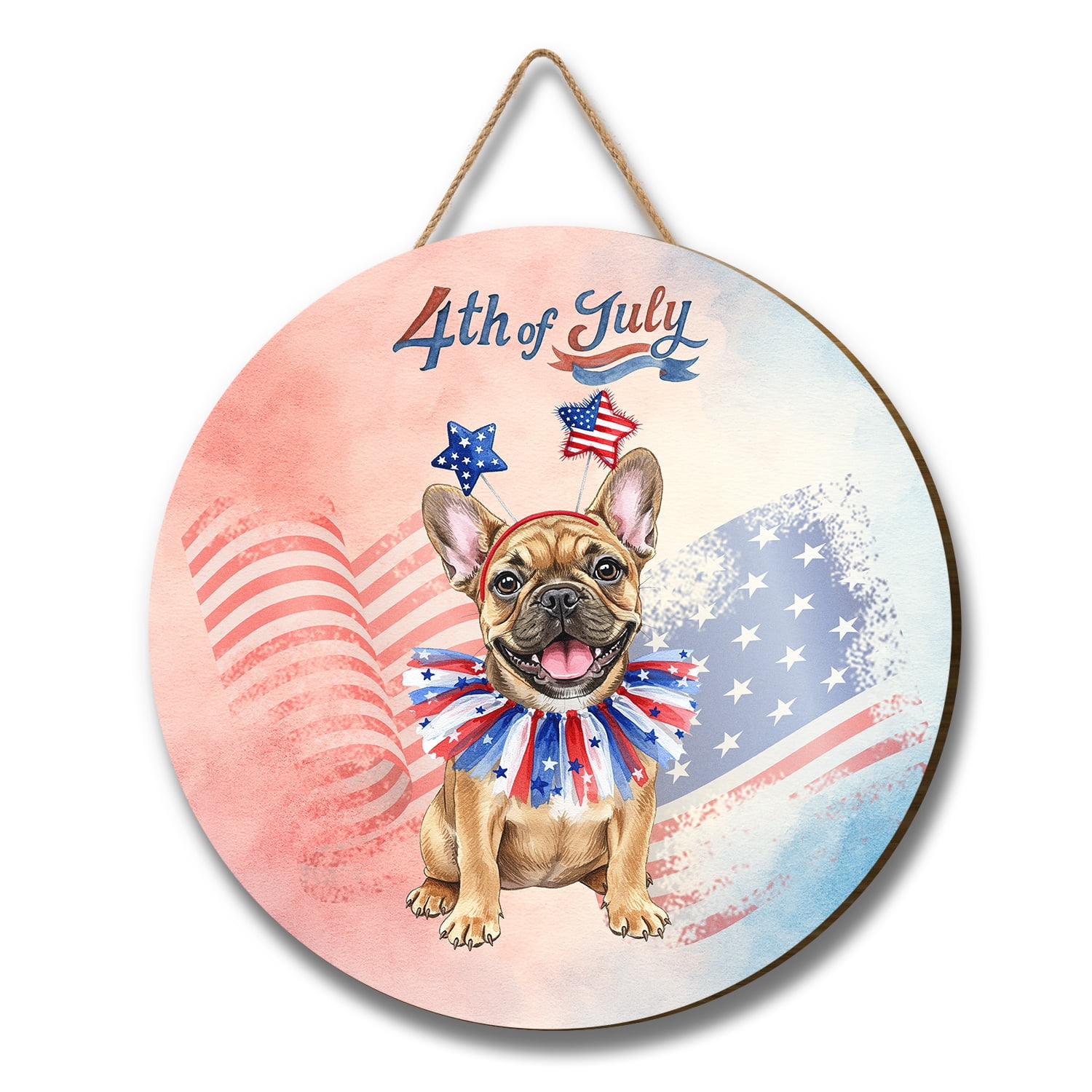 4th of July French Bulldog Celebrates Independence Day Round Wood Sign ...