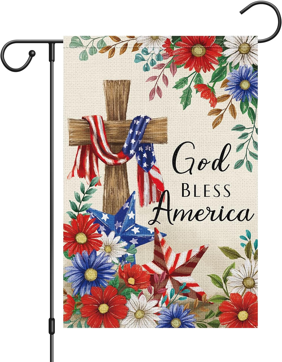 4th of July Garden Flag Double Sided Vertical, Cross God Bless America ...