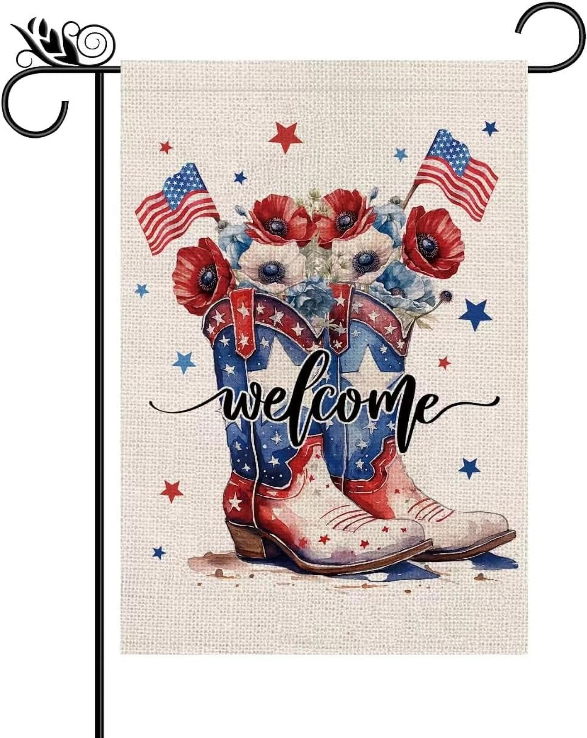 4th of July Garden Flag Welcome Poppy Boots Sided For Outside USA Flag ...