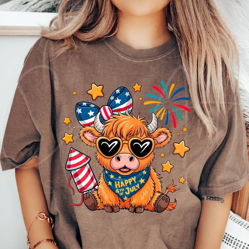 4th of July Highland Cow T-Shirt, Cute Patriotic Cow Tee with Fireworks ...