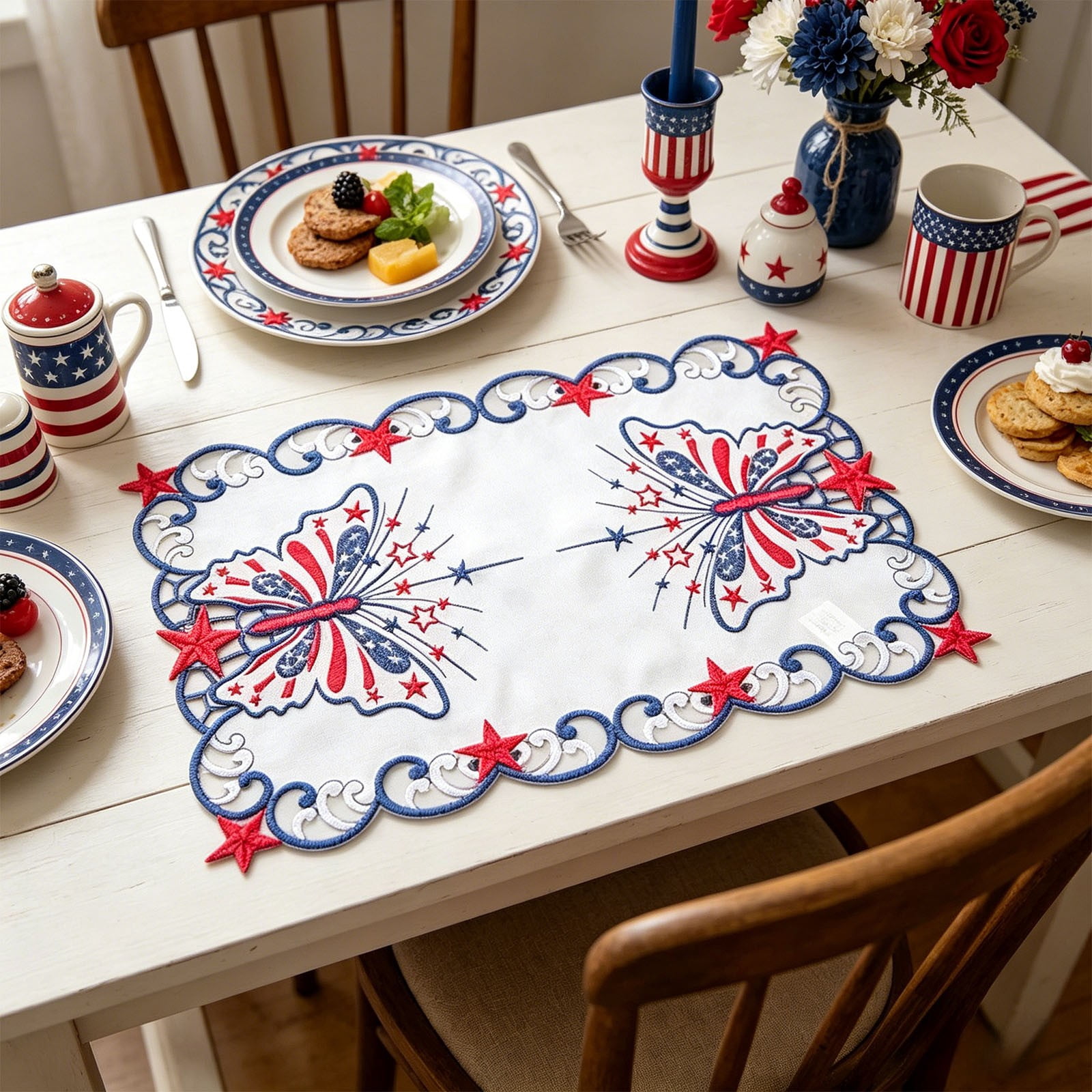 4th of July Hollow Butterfly Embroidered Placemat, Patriotic Washable ...
