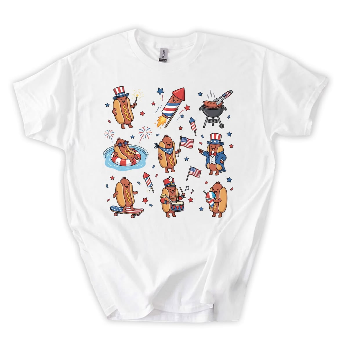 4th of July Hot Dog T-Shirt Patriotic BBQ Graphic Tee American Flag ...