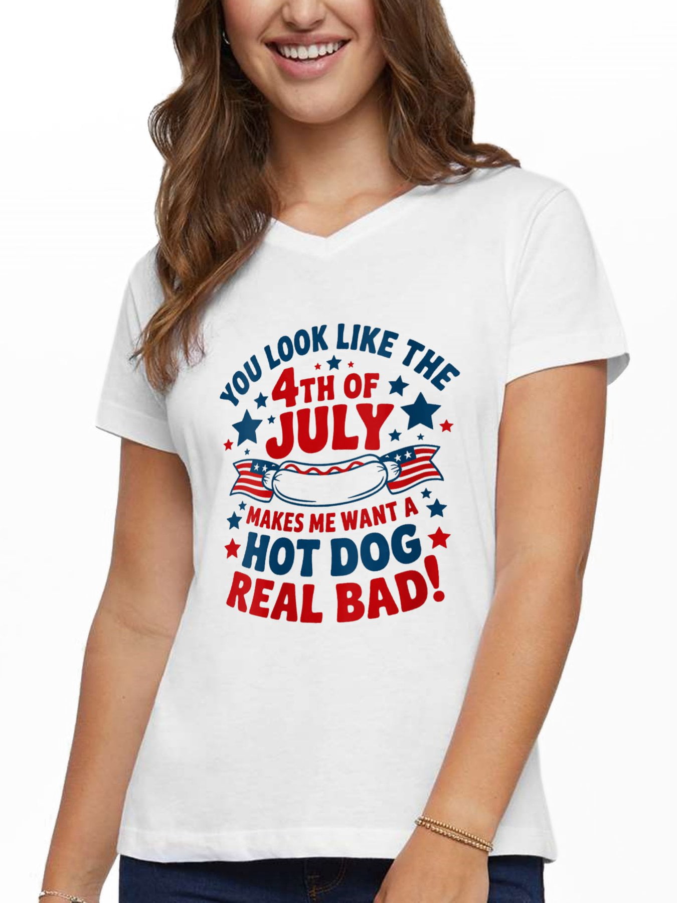 4th of July Humor Hot Dog BBQ Party Women's Top V-Neck Graphic Tee ...
