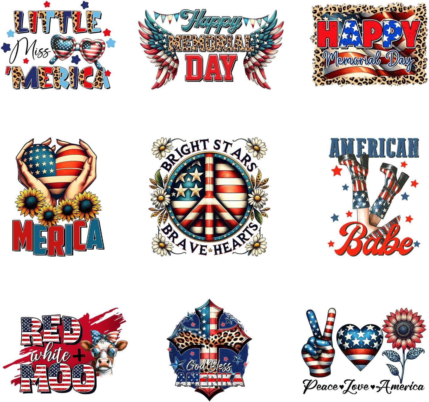 4th of July Iron On Patches - 9pcs Independence Day Heat Transfer Vinyl ...