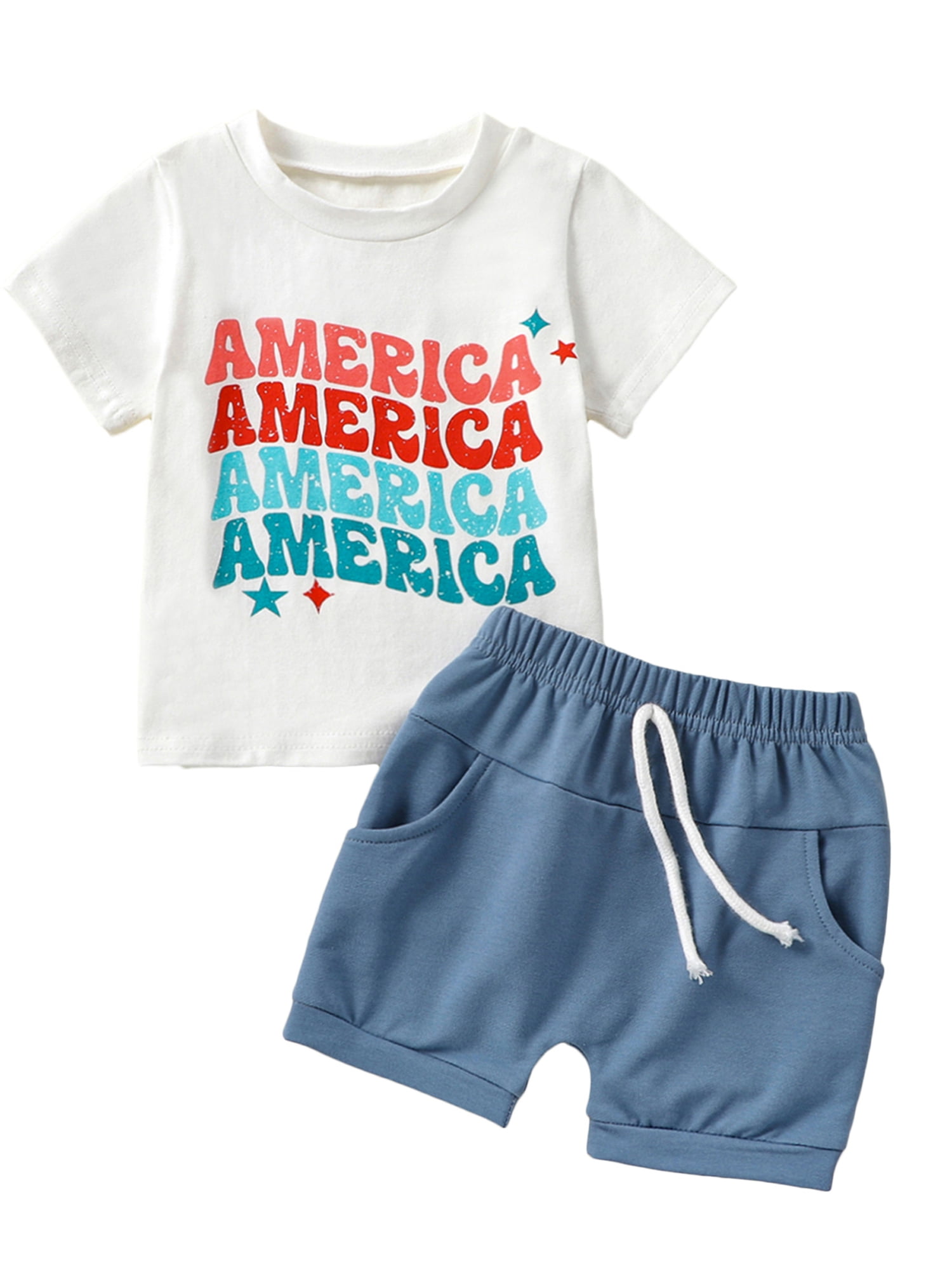 4th of July Kid Boy Summer Outfits Letter Stars Print Short Sleeve Crew ...