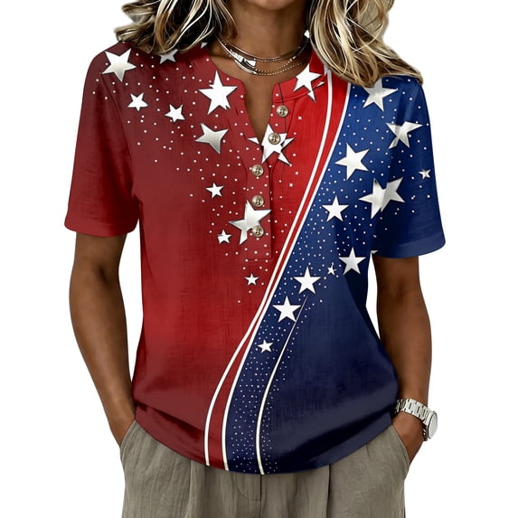 4th of July Linen Shirt Women Henley Button Collar American Flag T ...