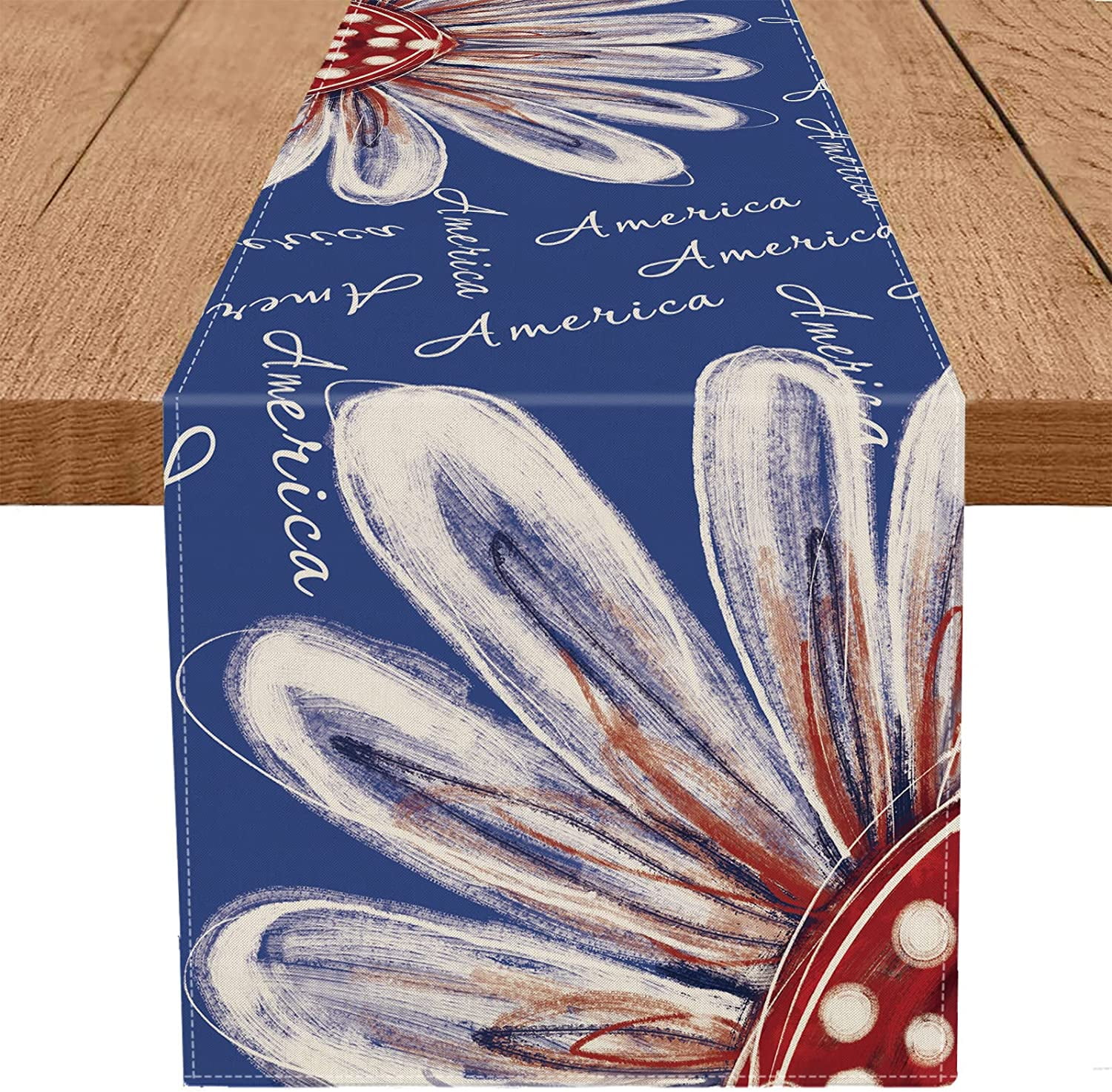 4th of July Linen Table Runner America Patriotic Memorial Day Table r ...