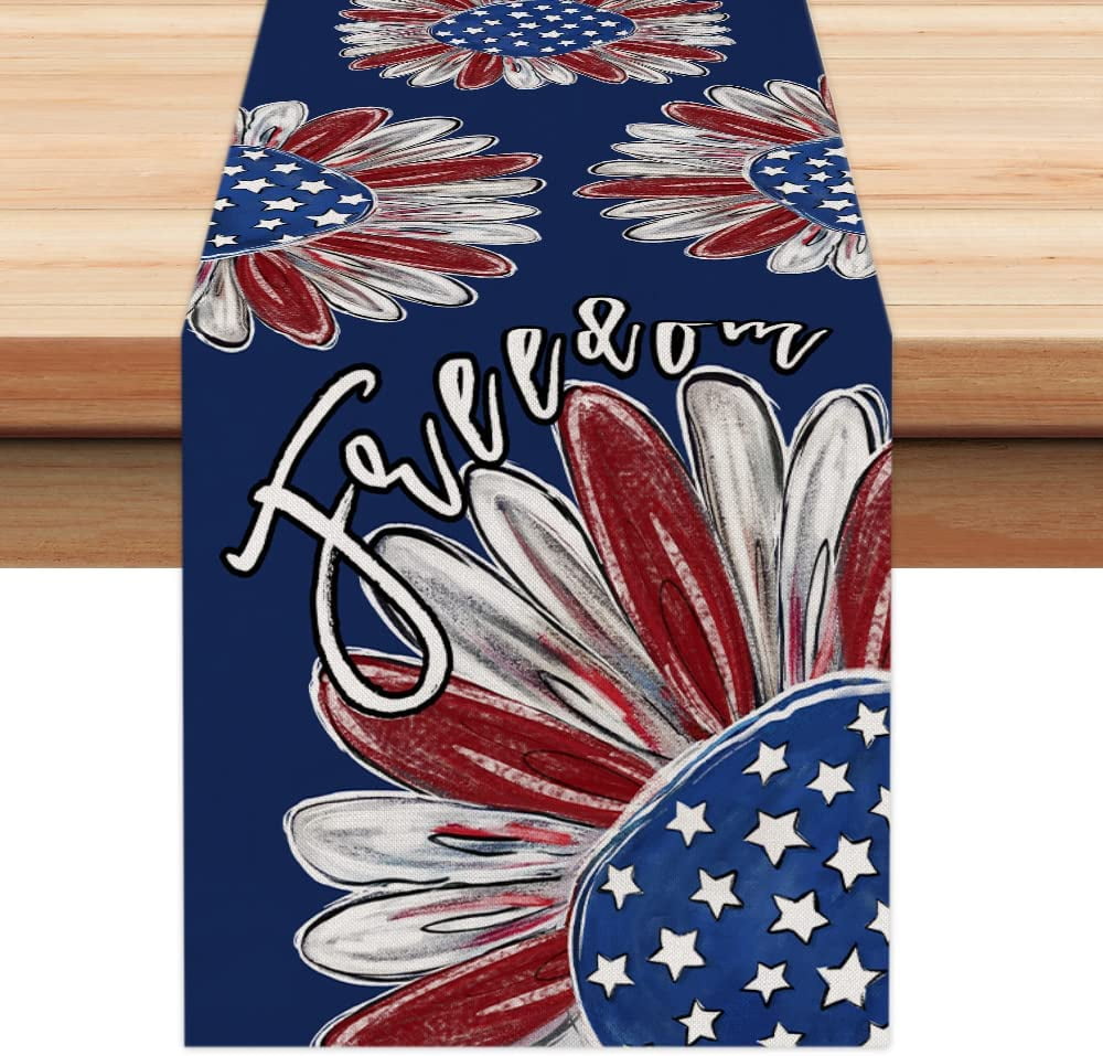 4th of July Linen Table Runner America Patriotic Memorial Day Table r ...