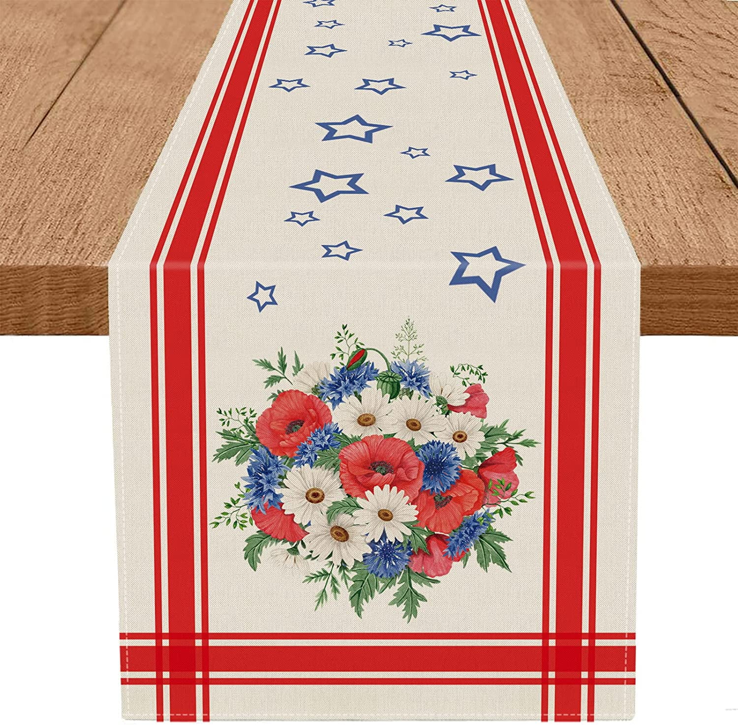 4th of July Linen Table Runner Independence Day Holiday r Flowers Stars ...