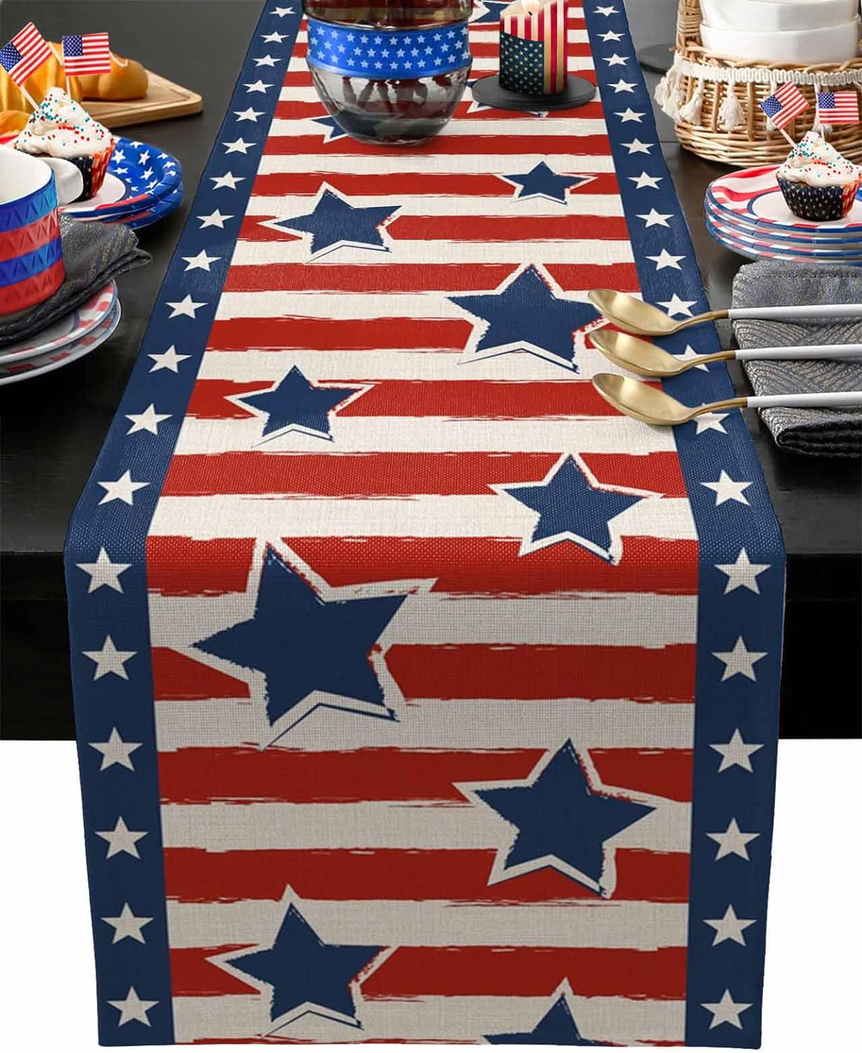 4th of July Linen Table Runners Red White Stripes Stars American Flag ...